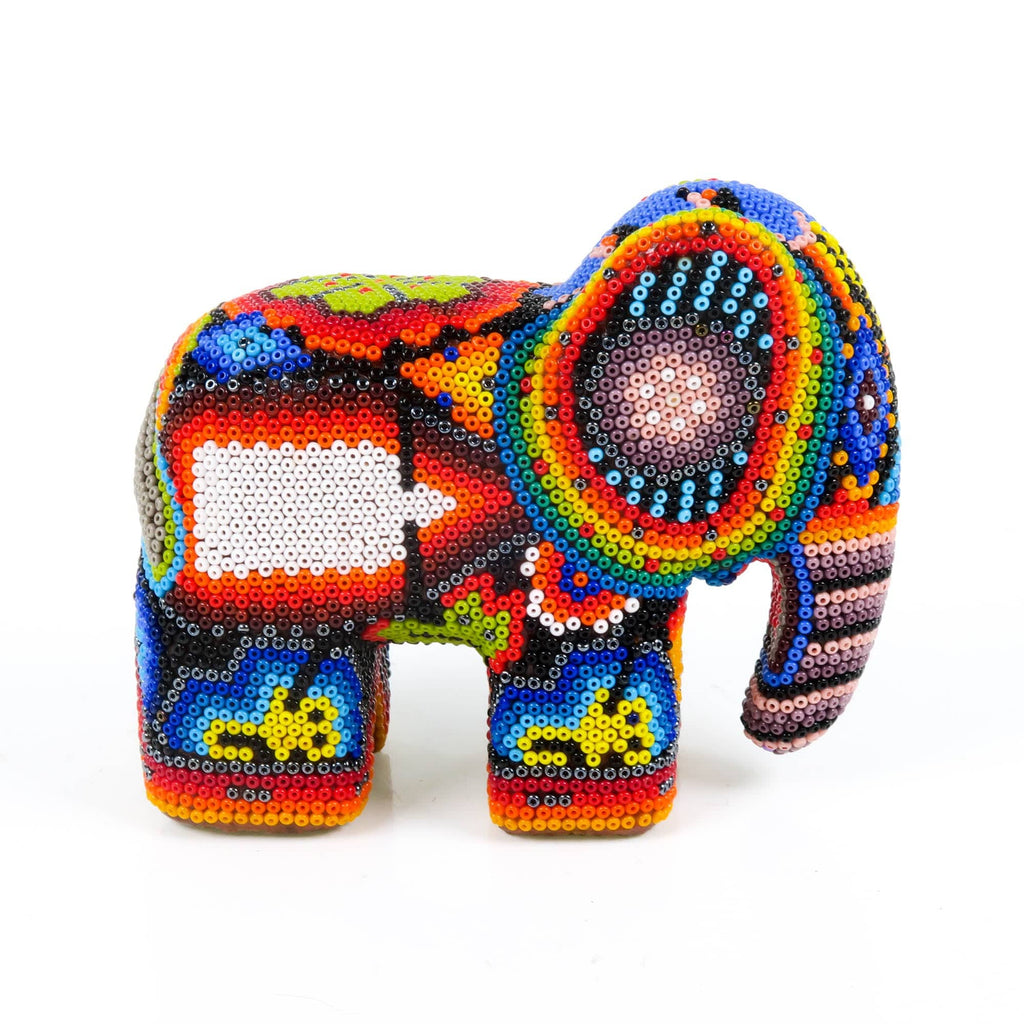 Beaded Elephant - Huichol Wood Carving Art – VivaMexico.com - Mexican Art