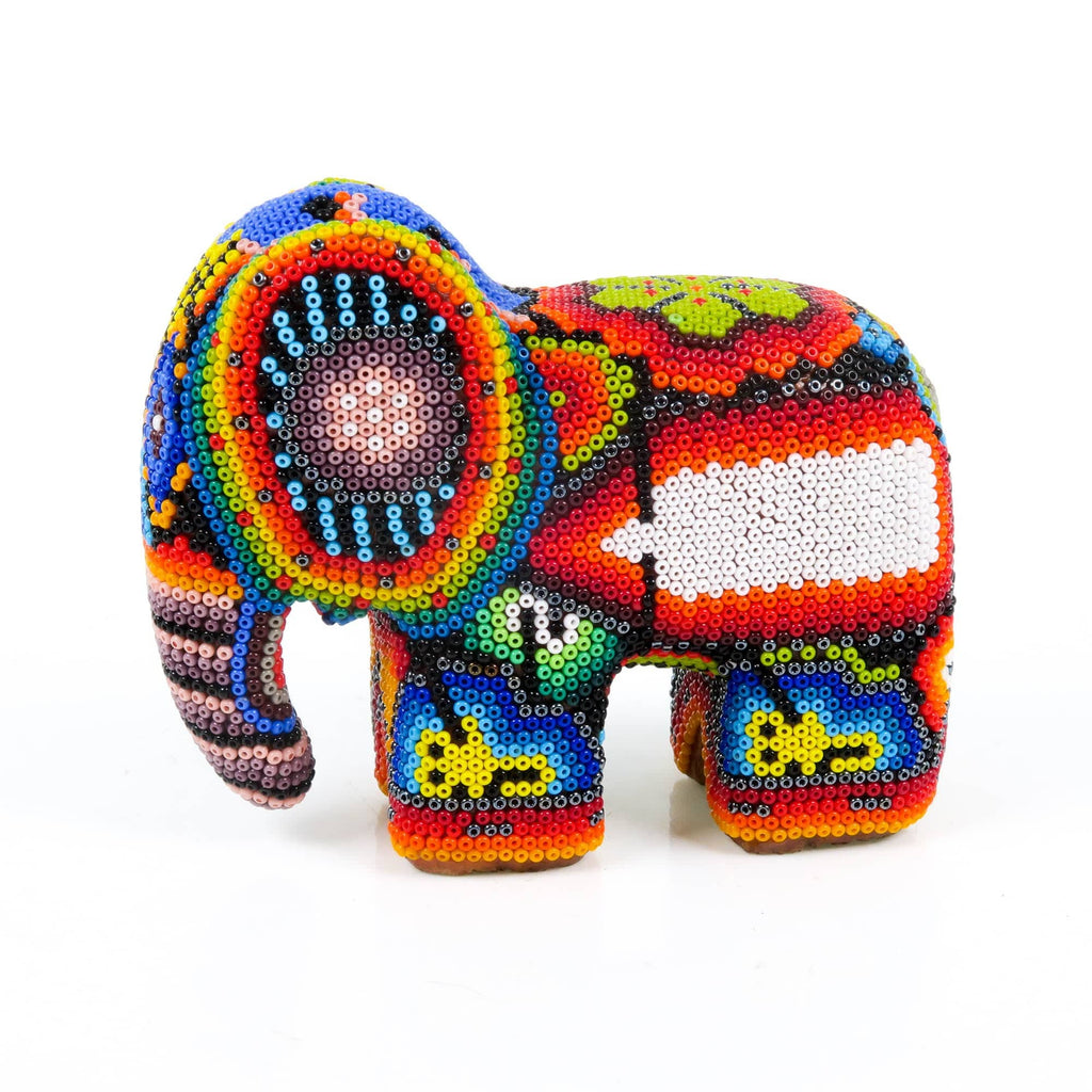 Beaded Elephant - Huichol Wood Carving Art – VivaMexico.com - Mexican Art