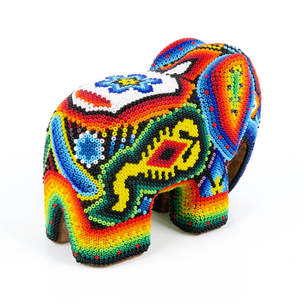Beaded Elephant - Huichol Wood Carving Art – VivaMexico.com - Mexican Art