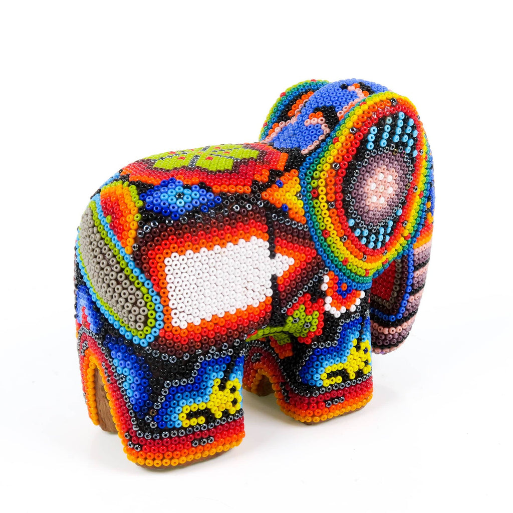 Beaded Elephant - Huichol Wood Carving Art – VivaMexico.com - Mexican Art
